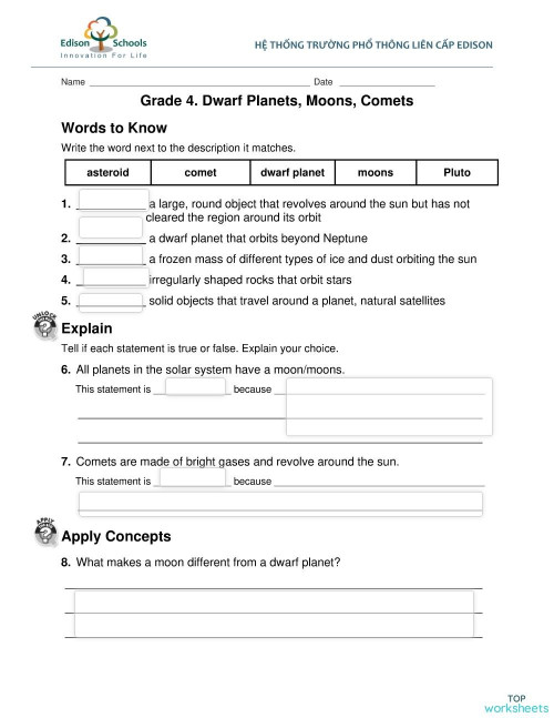 Grade 4. Moon, Asteroid, Comets. Interactive worksheet | TopWorksheets
