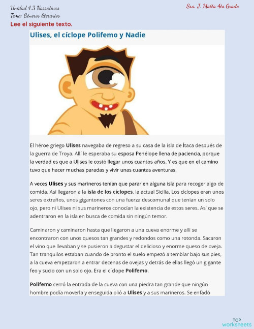 Ulises, el cíclope Polífemo y Nadie. Ficha interactiva | TopWorksheets