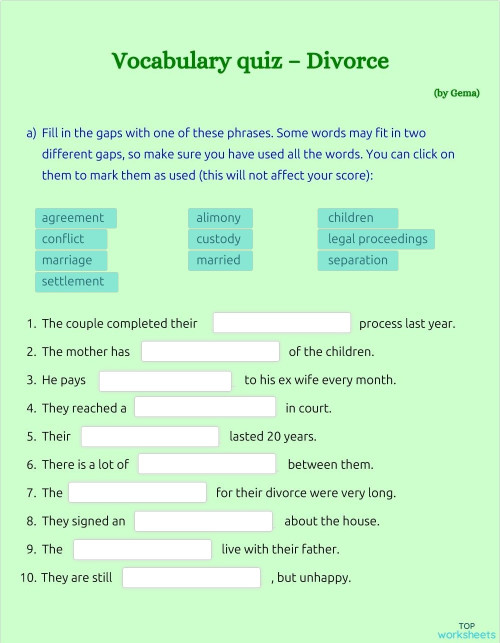 Vocabulary quiz – Divorce by Gema. Interactive worksheet | TopWorksheets