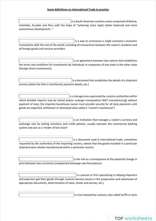 Definitions on International Trade. Interactive worksheet | TopWorksheets