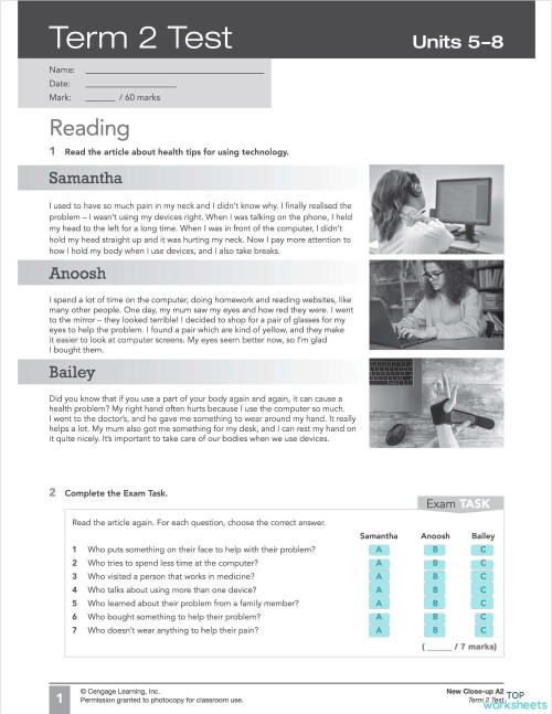 Close-up A2 Term Test 2 Reading. Interactive worksheet | TopWorksheets
