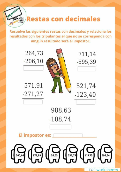 Restas con decimales. Ficha interactiva | TopWorksheets