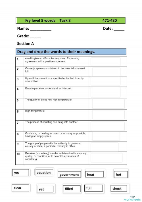 Fry level 5 words Task 8 471-480. Interactive worksheet | TopWorksheets