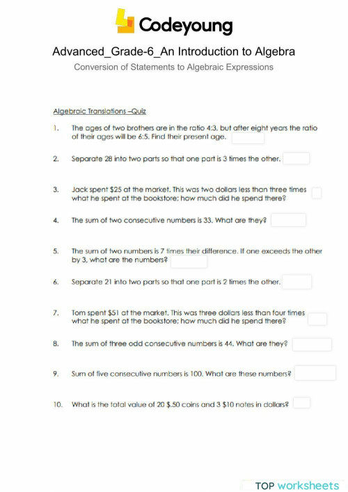 Conversion of Statements to Algebraic Expressions Advanced. Interactive ...