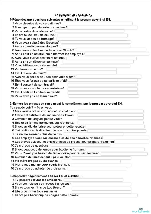 Le pronom EN. Fiche interactive | TopWorksheets