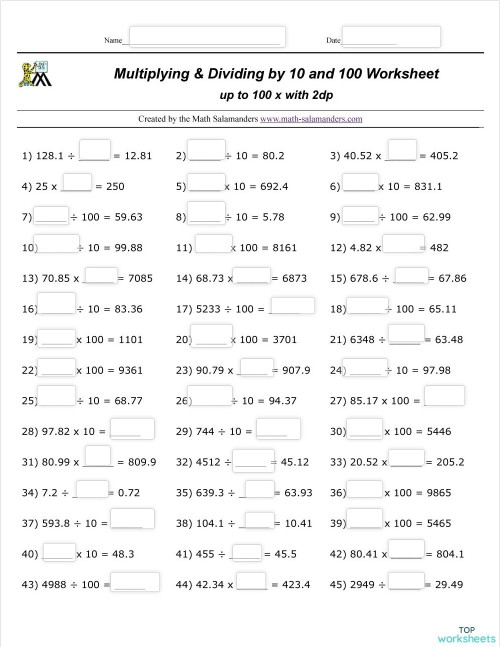 Multiplying and Dividing 10 and 100 Worksheet 2dp. Interactive ...