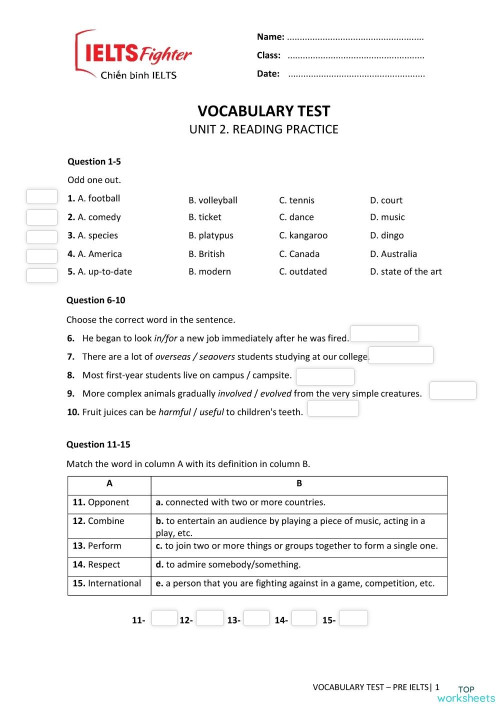 VOCAB TEST 5. UNIT 2. READING. READING PRACTICE 1. Interactive ...
