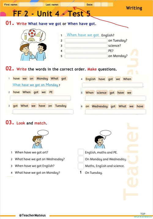 FF 2 - Unit 05 - Test 4 - Writing. Interactive worksheet | TopWorksheets