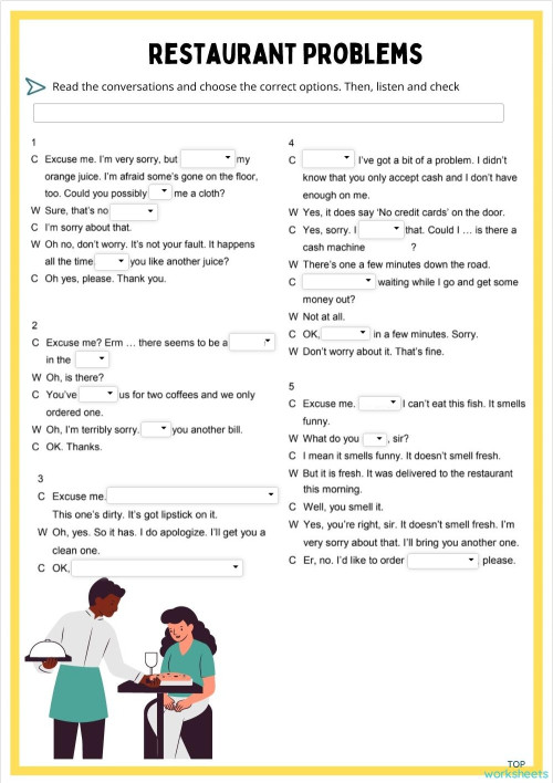 Restaurant problems. Interactive worksheet | TopWorksheets