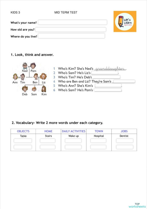 K3- mid term test. Interactive worksheet | TopWorksheets