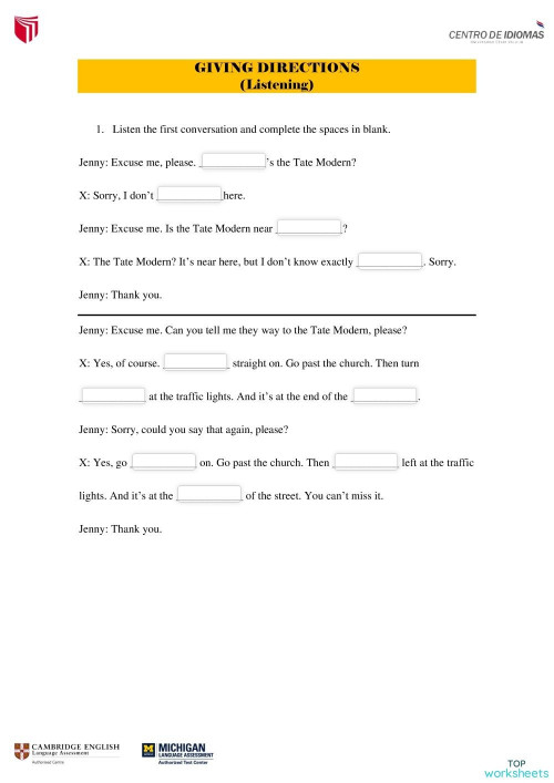 GIVING DIRECTIONS - PRE A1.2. Interactive worksheet | TopWorksheets