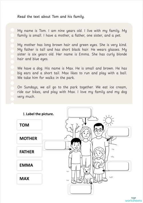 A1 Reading Tom's Family. Interactive worksheet | TopWorksheets