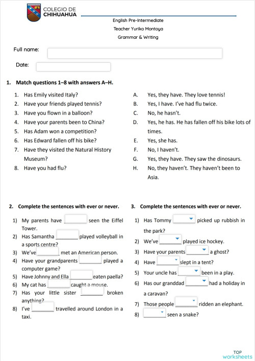 Present Perfect with EVER & NEVER. Interactive worksheet | TopWorksheets