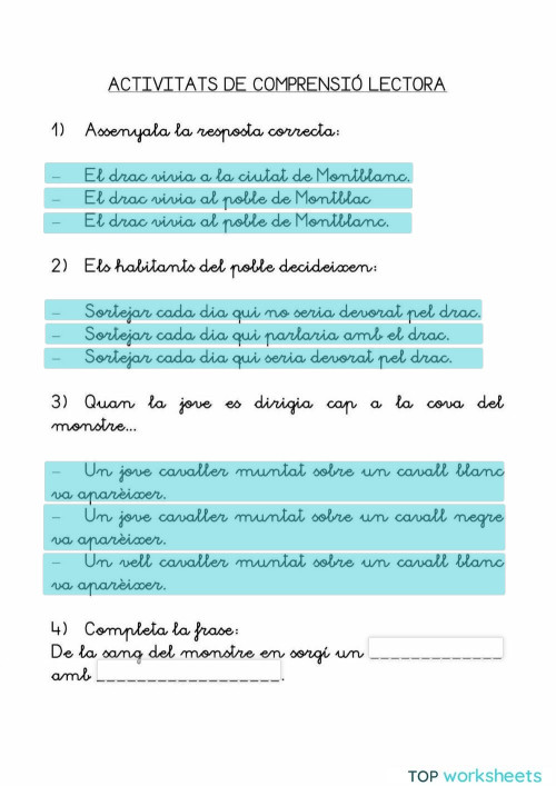 COMPRENSIÓ LLEGENDA SANT JORDI. Fitxa interactiva | TopWorksheets