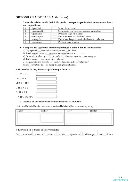Ortografía de la H (Copia). Ficha interactiva | TopWorksheets