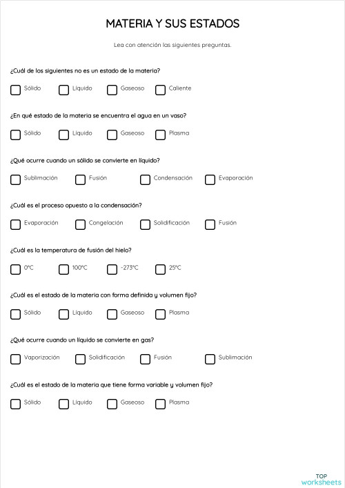 MATERIA Y SUS ESTADOS. Ficha interactiva | TopWorksheets