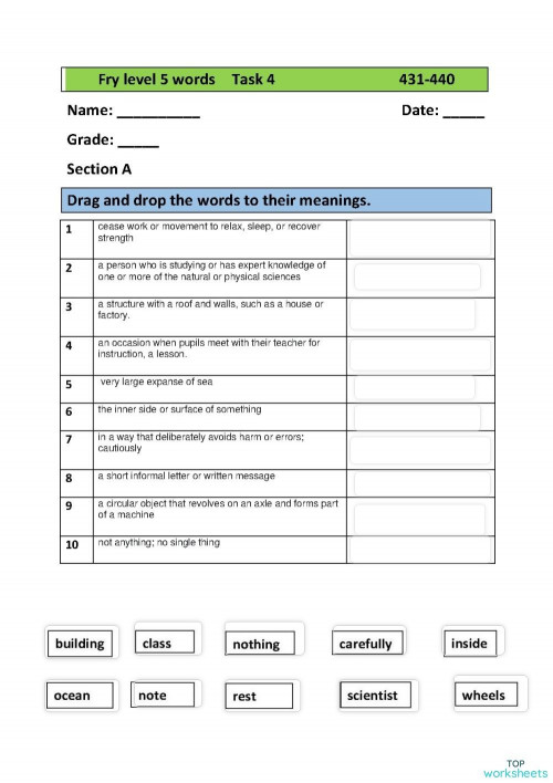Fry level 5 words Task 4 431-440. Interactive worksheet | TopWorksheets