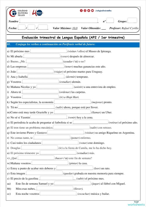 Ejercicios presente de indicativo. Ficha interactiva | TopWorksheets