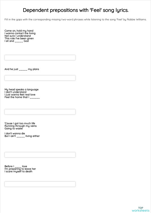Dependent prepositions with 'Feel' song lyrics.. Interactive worksheet ...