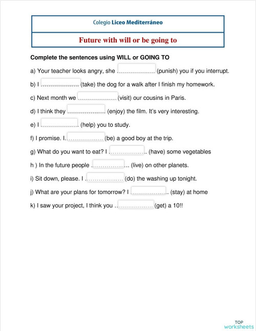 future with will or be going to. Interactive worksheet | TopWorksheets