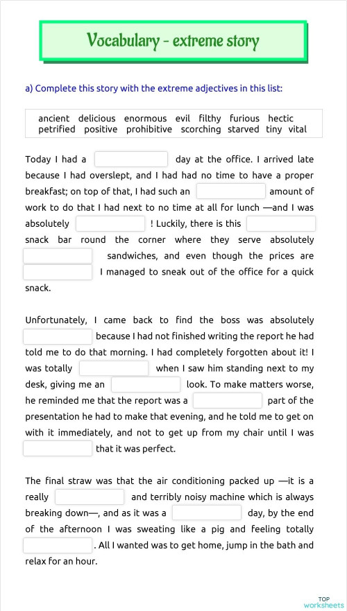 Vocabulary - extreme story. Interactive worksheet | TopWorksheets