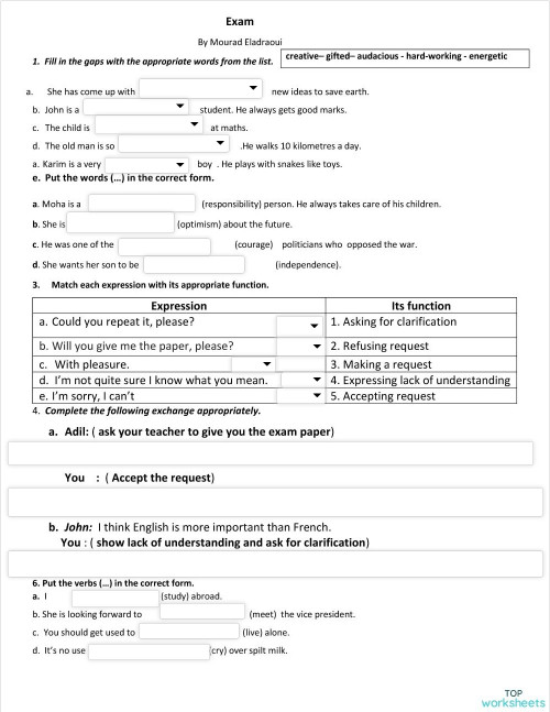 Exam 3: Unit 1 & 2. Interactive worksheet | TopWorksheets