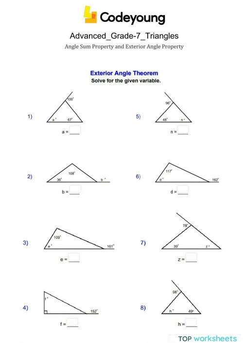 Angle Sum Property and Exterior Angle Property Advanced. Interactive ...