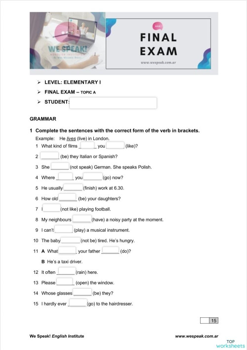 ELEMENTARY I FINAL EXAM with audio. Interactive worksheet | TopWorksheets
