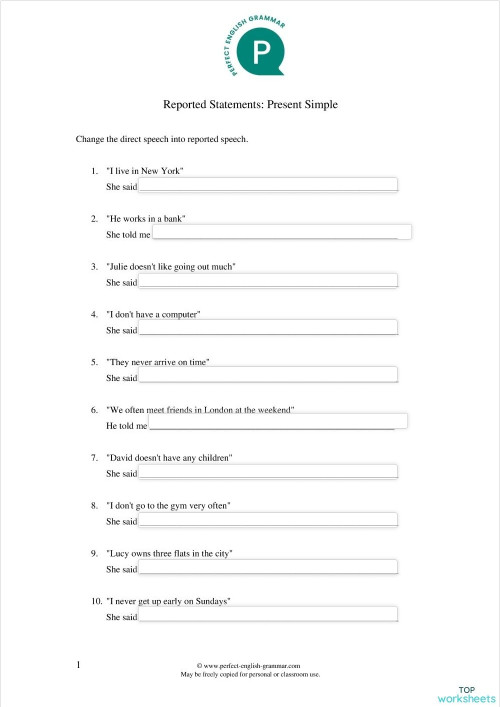 Reported Speech - Present Simple. Interactive worksheet | TopWorksheets