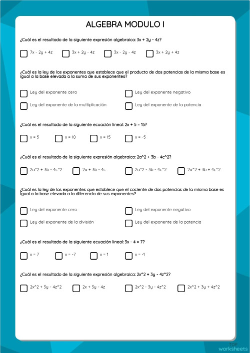 ALGEBRA MODULO I. Ficha interactiva | TopWorksheets