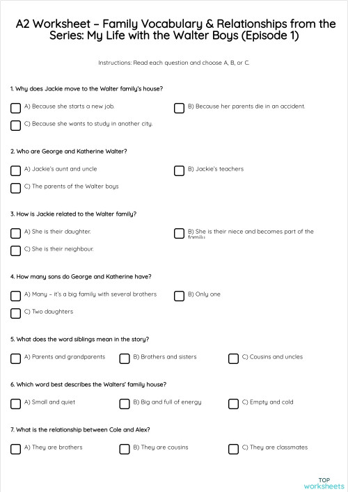 🏠 A2 Worksheet – Family Vocabulary & Relationships from the Series: My ...