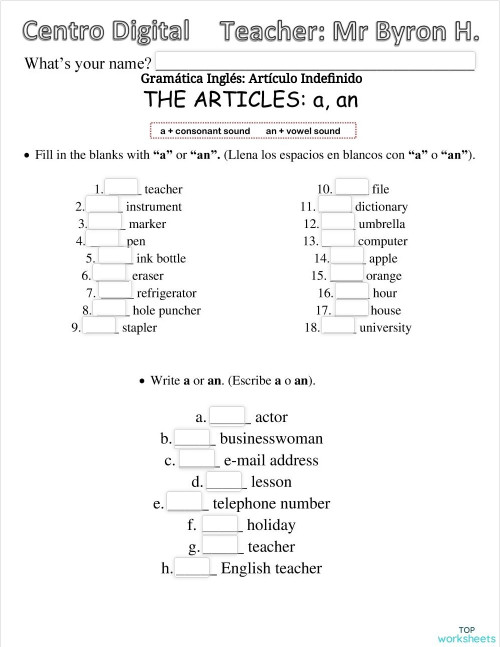 The indefinite articles a-an.. Interactive worksheet | TopWorksheets
