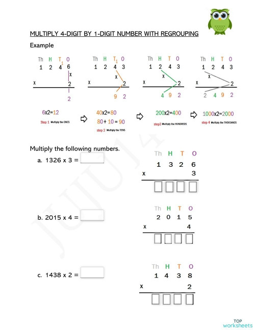 multiply 4digit numbers by 1 digit with regrouping. Interactive ...