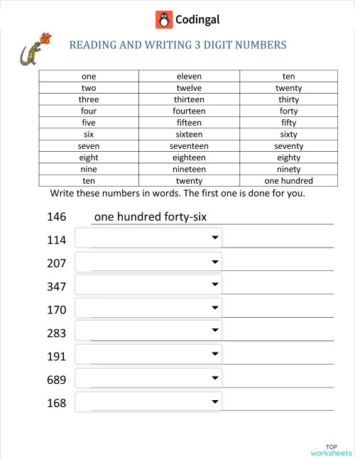M_G02M03L14_WA01_Number Names using drop down. Interactive worksheet | TopWorksheets