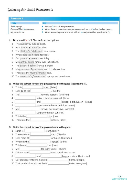 Gateway A1+ Unit 2 Grammar Possessive 's. Interactive worksheet ... Gateway A1+ Unit 2 Grammar Possessive 's. Interactive worksheet ...