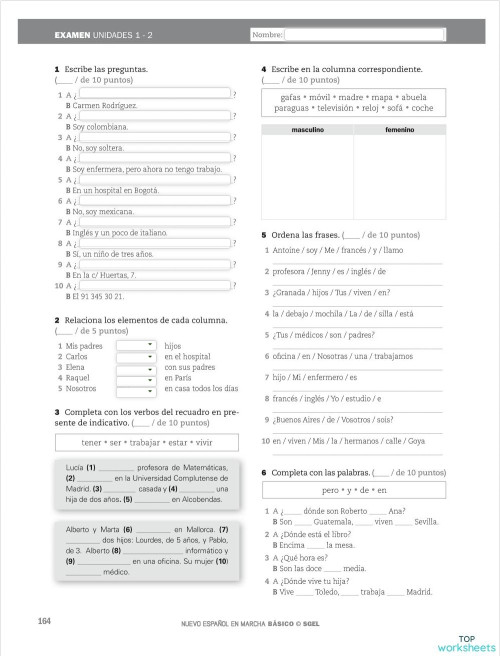 Examen 1 y 2. Ficha interactiva | TopWorksheets