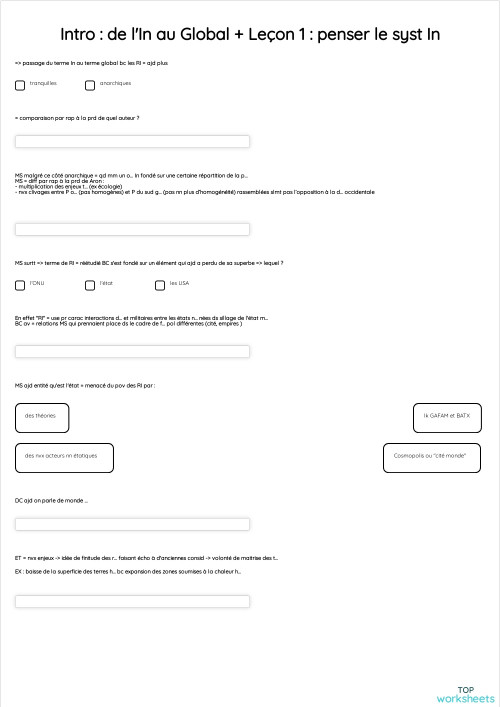 Intro : de l'In au Global + Leçon 1 : penser le syst In. Fiche ...