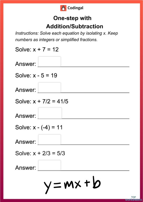M_G08M08L19_WC01_Solving_Linear_Equations_(One-Step)_1. Interactive worksheet | TopWorksheets