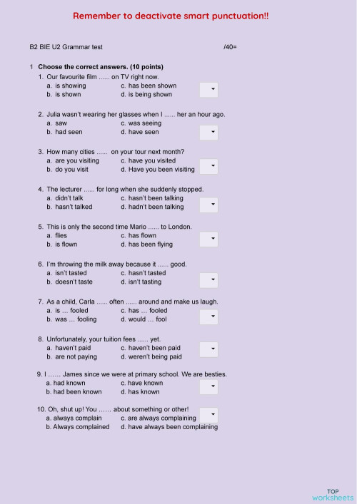 B2 BIE Grammar test: present and past tenses; used to & would ...