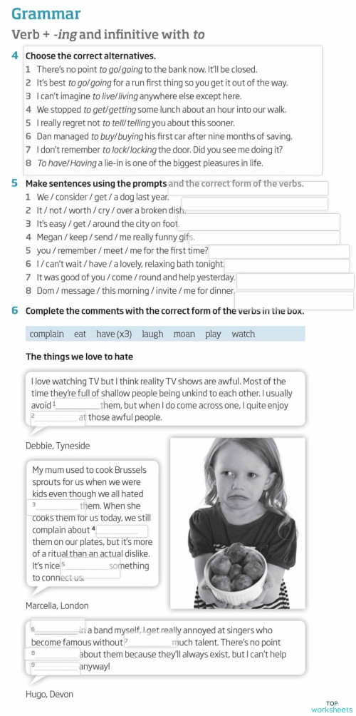 verb patterns (ing /to). Interactive worksheet | TopWorksheets