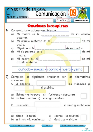 oraciones incompletas. Ficha interactiva | TopWorksheets