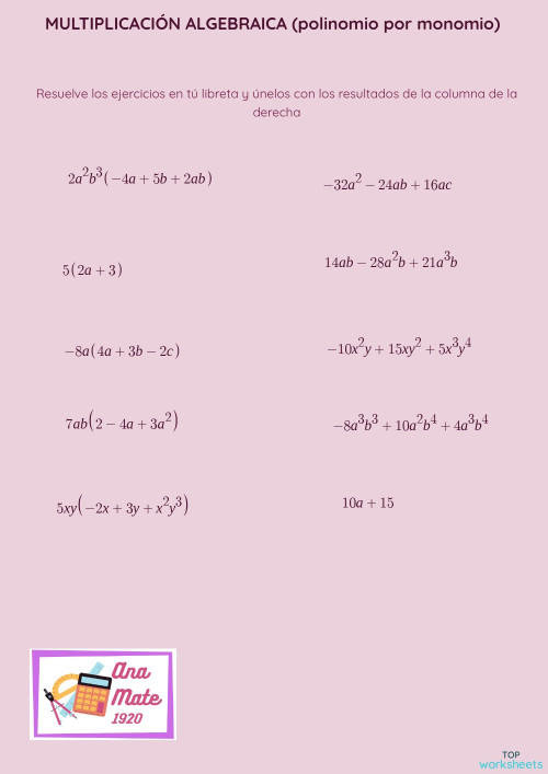 Multiplicación algebraica. Ficha interactiva | TopWorksheets