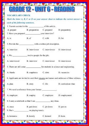 Unit 6: Reading-Vocabulary Check. Interactive worksheet | TopWorksheets