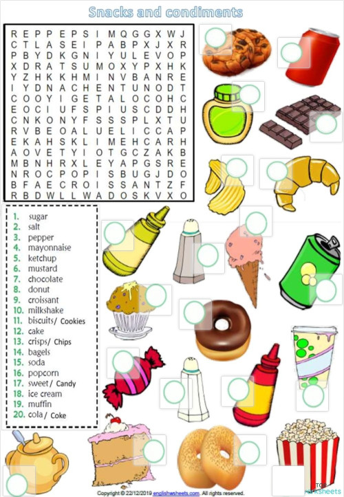 Other food, snacks and condiments. Interactive worksheet | TopWorksheets