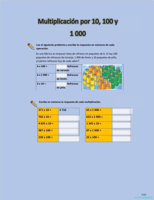 MULTIPLICACIÓN 10,100 Y 1000. Ficha interactiva | TopWorksheets