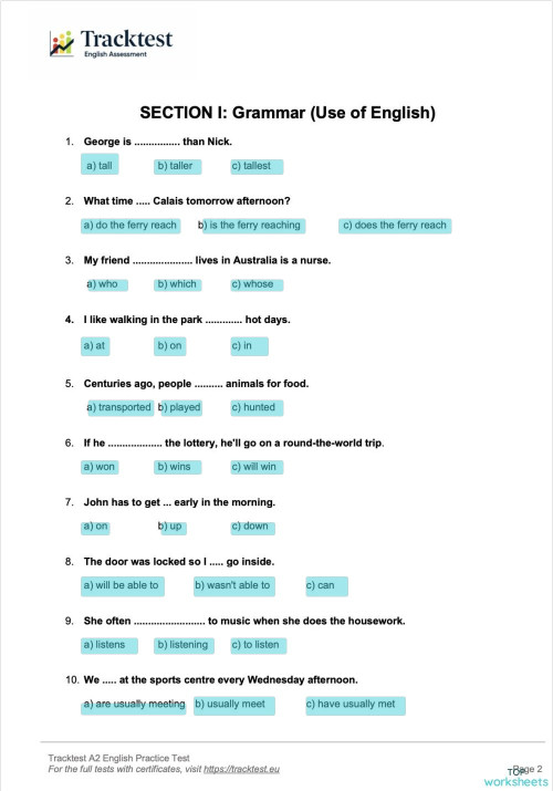 A2 level English test. Interactive worksheet | TopWorksheets