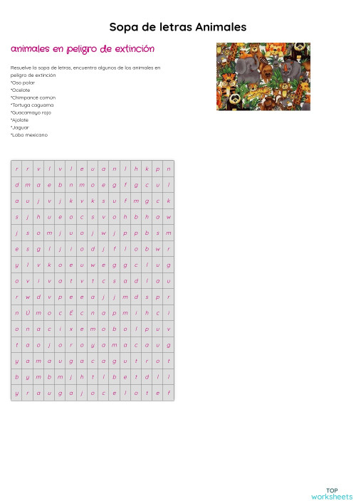 Sopa de letras Animales. Ficha interactiva | TopWorksheets