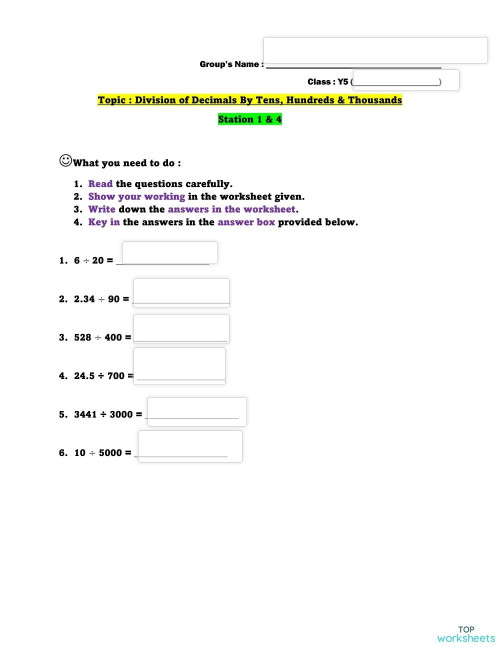 Division of decimals (Station 1 & 4). Interactive worksheet | TopWorksheets