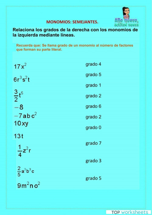 Tèrminos semejantes y grados de Monomios. Ficha interactiva | TopWorksheets