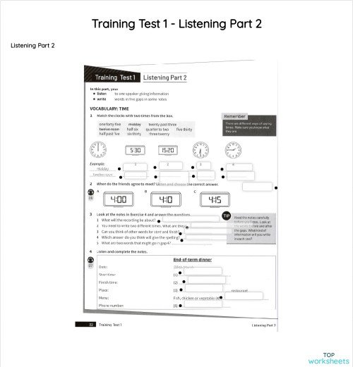 Training Test 1 - Listening Part 2. Interactive worksheet | TopWorksheets